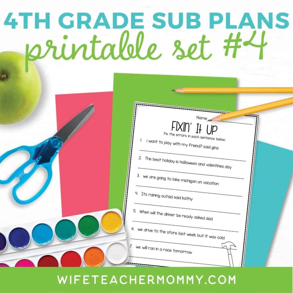 4th Grade Ready To Go Sub Plans Printable Set #4 Educate & Rejuvenate