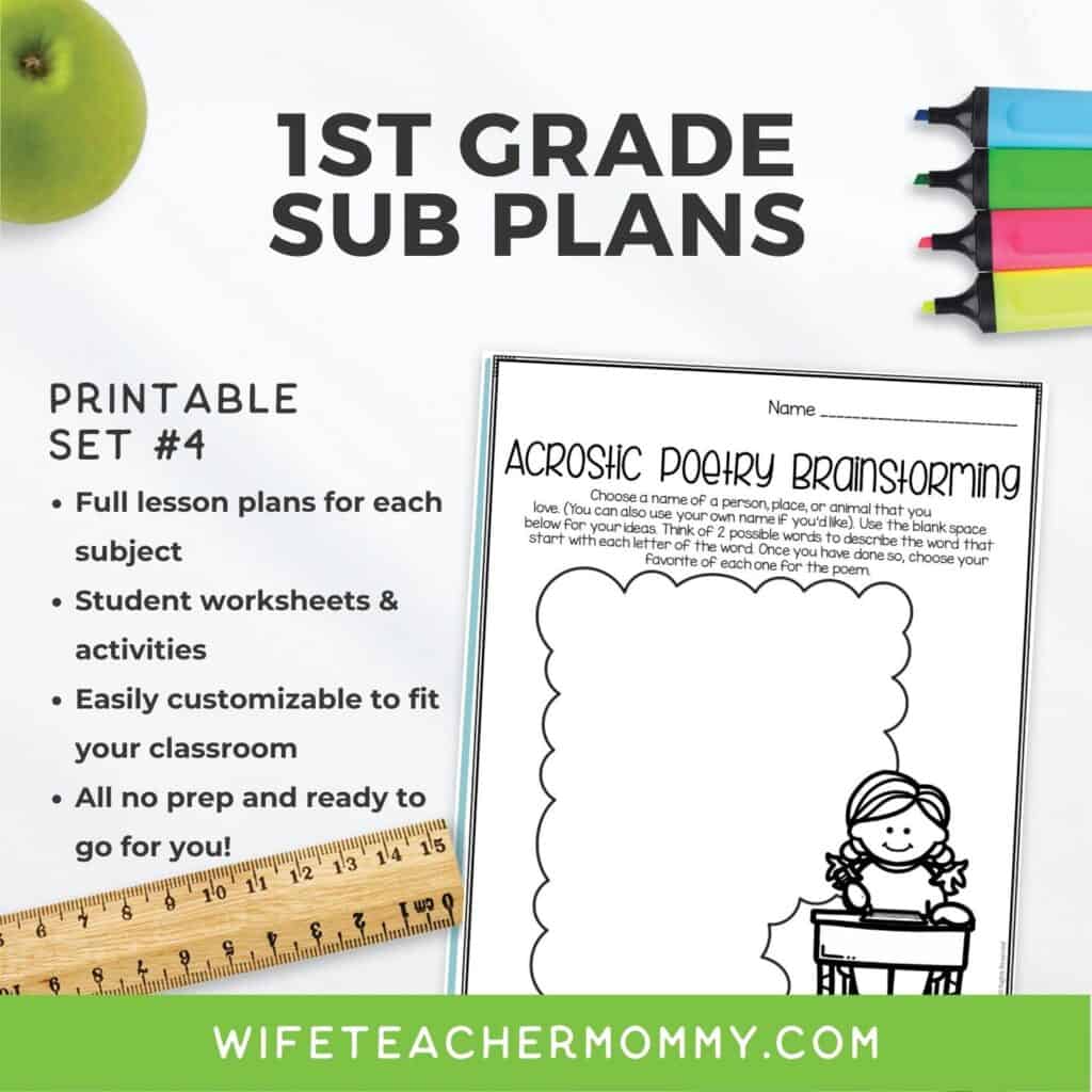 1st Grade Ready To Go Sub Plans Printable Set #4 Educate & Rejuvenate