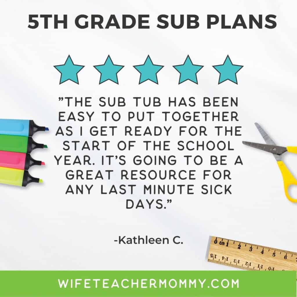 5th Grade Ready To Go Sub Plans Printable Set #4 Wife Teacher Mommy