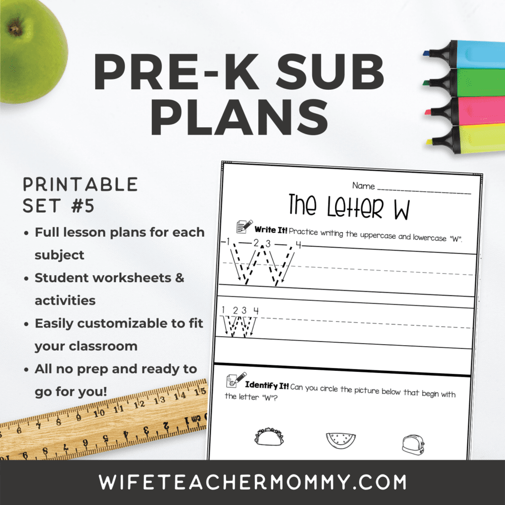Pre-K Ready To Go Sub Plans Printable Set #5 - Wife Teacher Mommy