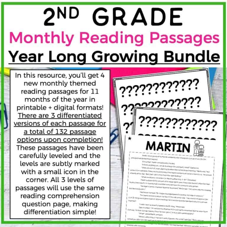 2nd Grade Monthly Differentiated Reading Comprehension Passages Bundle ...
