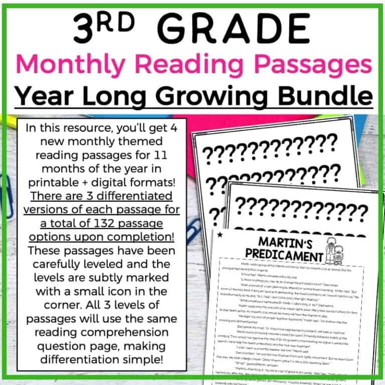 3rd Grade Monthly Differentiated Reading Comprehension Passages Bundle ...