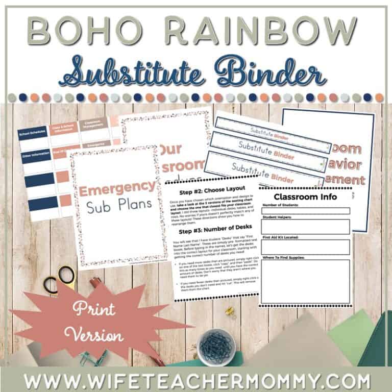 Editable Boho Rainbow Substitute Binder (Print Version) Educate & Rejuvenate